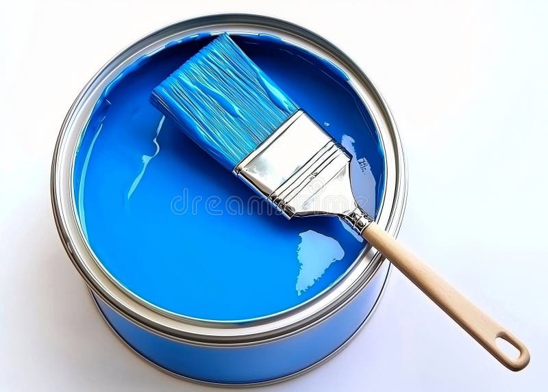Blue Paint Can and Brush on White Background, Top View Stock Image ...