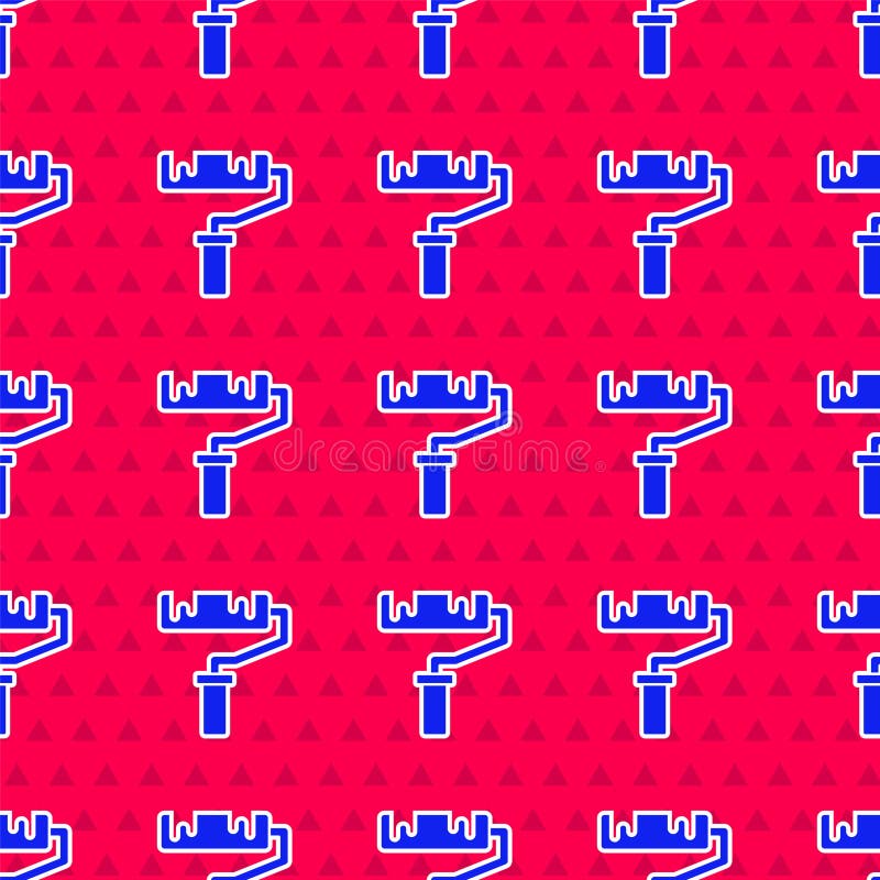 Blue Paint Roller Brush Icon Isolated Seamless Pattern on Red ...