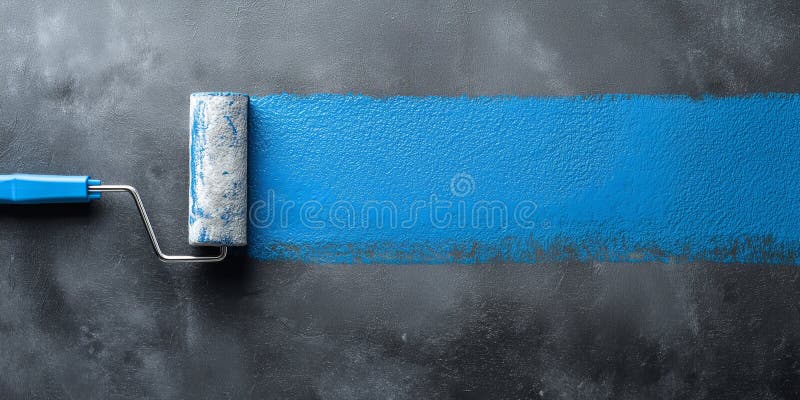 A Blue Paint Roller is Shown Applying Fresh Paint To a Dark Surface ...