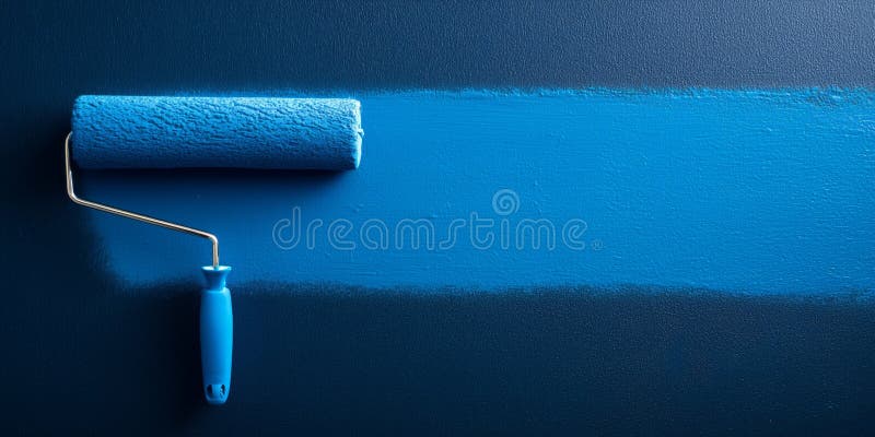 A Blue Paint Roller is Shown Applying Fresh Paint To a Dark Surface ...