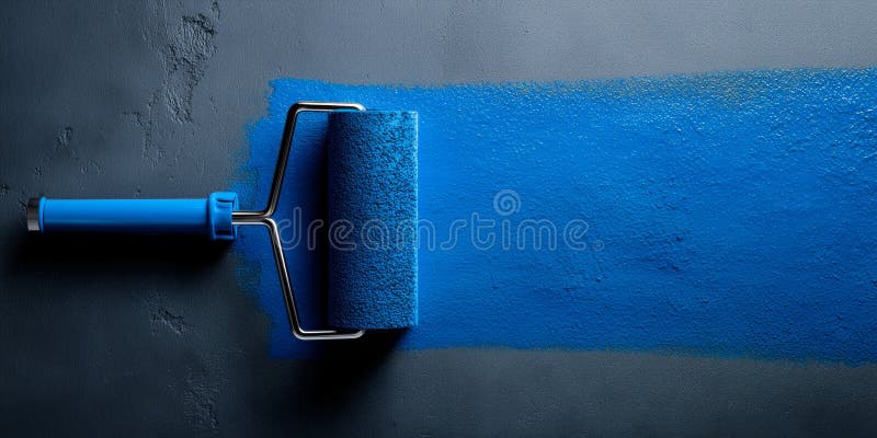 A Blue Paint Roller is Shown Applying Fresh Paint To a Dark Surface ...