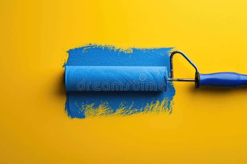 Blue Paint Roller on a Vibrant Yellow Background. Perfect for Artistic ...
