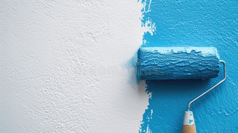 Blue Paint Roller on a White Wall. Can Be Used for Home Renovation or ...
