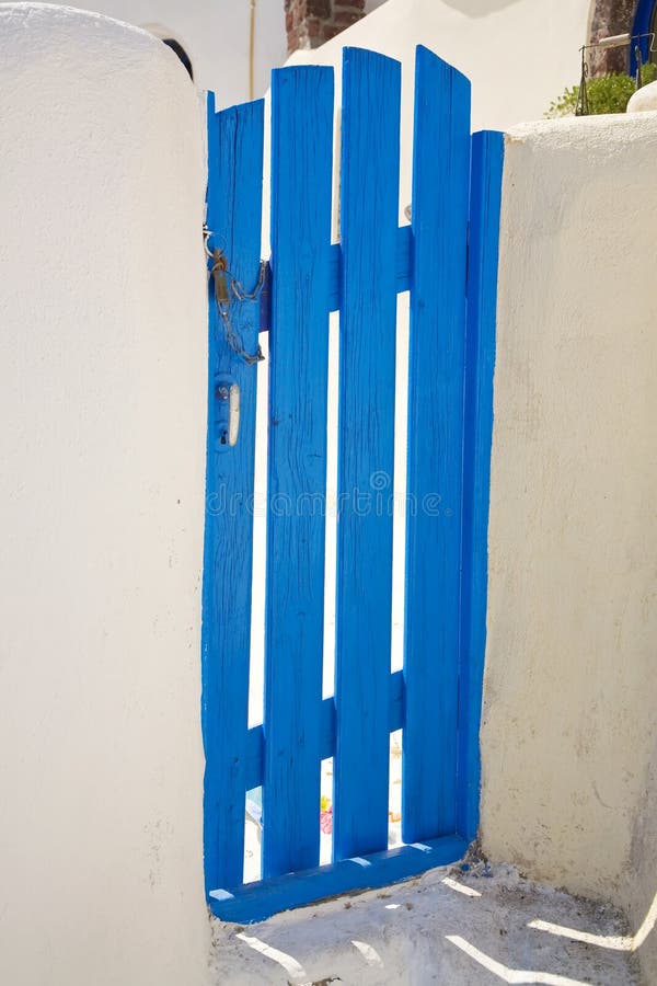 Blue Painted Garden Gate, Santorini, Greece Stock Image - Image of ...