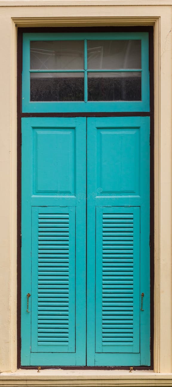 Blue Painted Window in Wall Building Stock Photo - Image of frame ...