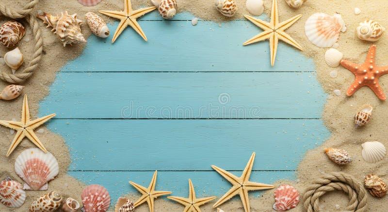 Blue Painted Wooden Beach Frame with Shells and Starfish Stock ...