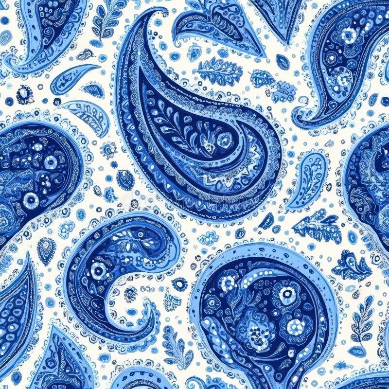 Blue Paisley Pattern Design with Floral Elements on White Background ...