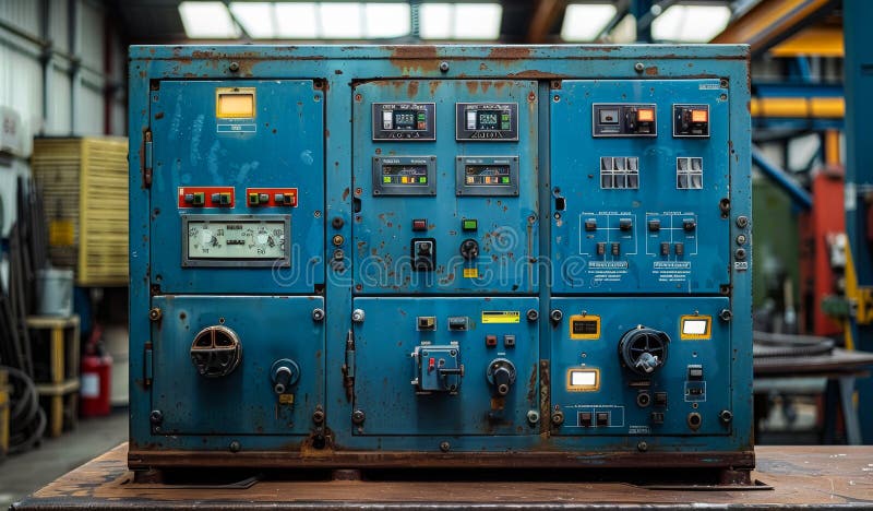A Blue Panel with Many Buttons and Dials on it. the Panel is Old and ...
