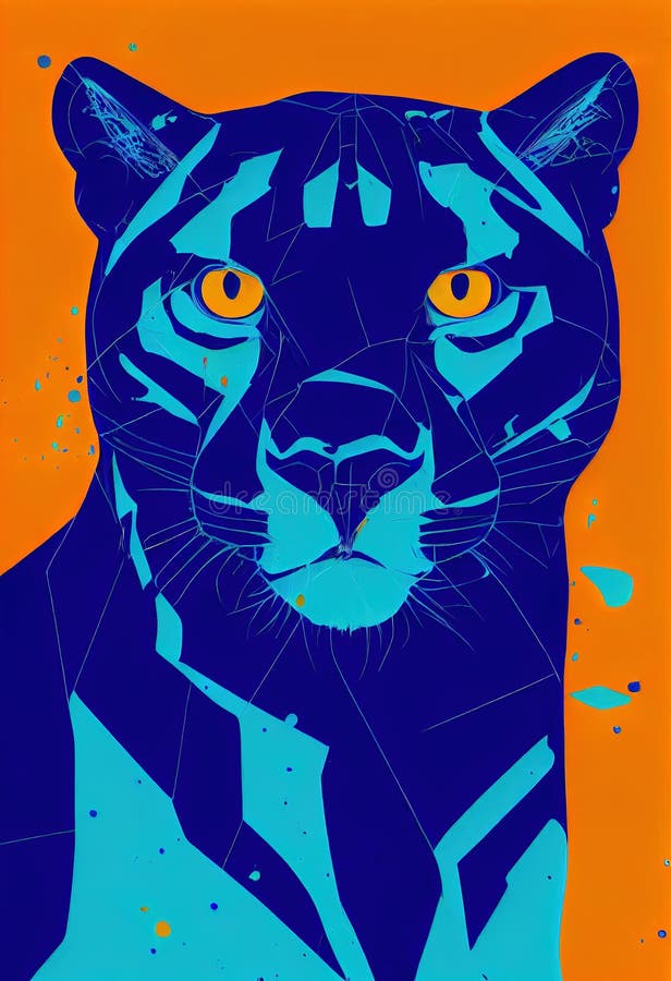 Blue Panther in Drops of Paint on an Orange Background. Close-up. AI ...