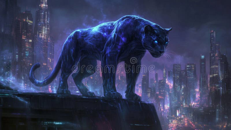 Blue Panther in a Futuristic City at Night Stock Illustration ...