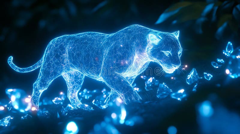 A Blue Panther Walking through a Forest of Crystals Stock Image - Image ...