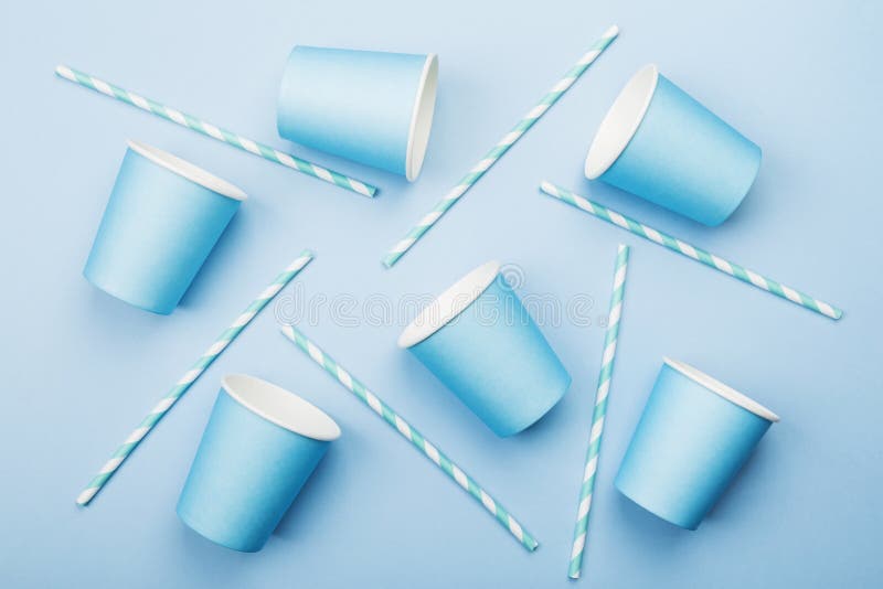 Blue Paper Cups and Blue-white Straw on Blue Background Stock Image ...