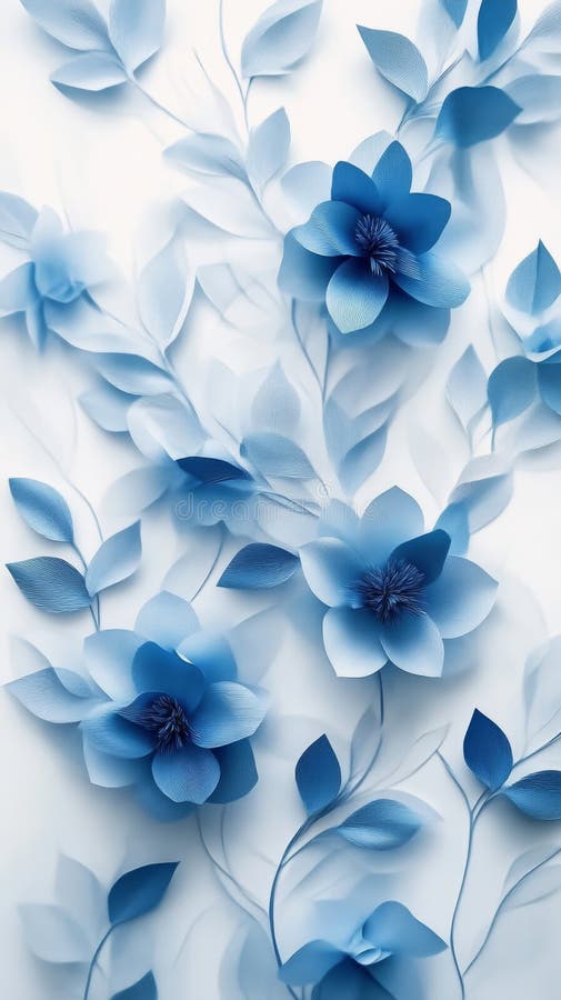 Blue Paper Flowers on White Background, Serene Abstract Art Stock Image ...