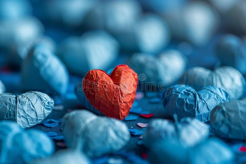 Blue Paper Hearts on Blue Background with One Red Heart in the Middle ...