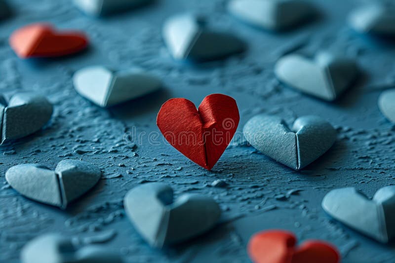 Blue Paper Hearts on Blue Background with One Red Heart in the Middle ...