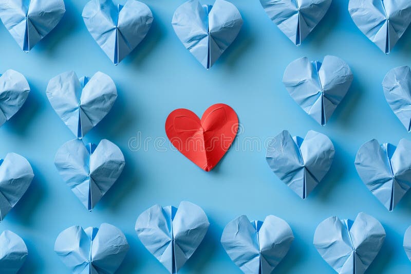 Blue Paper Hearts on Blue Background with One Red Heart in the Middle ...