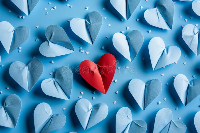 Blue Paper Hearts on Blue Background with One Red Heart in the Middle ...