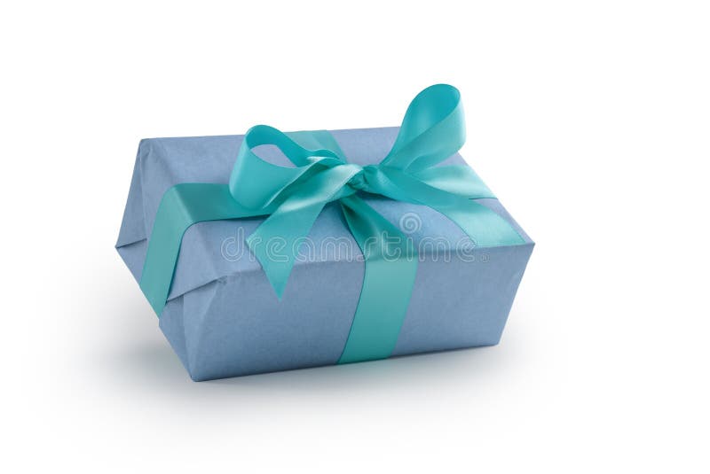 Blue Paper Present Box with Ribbon Bow Isolated on White Background ...
