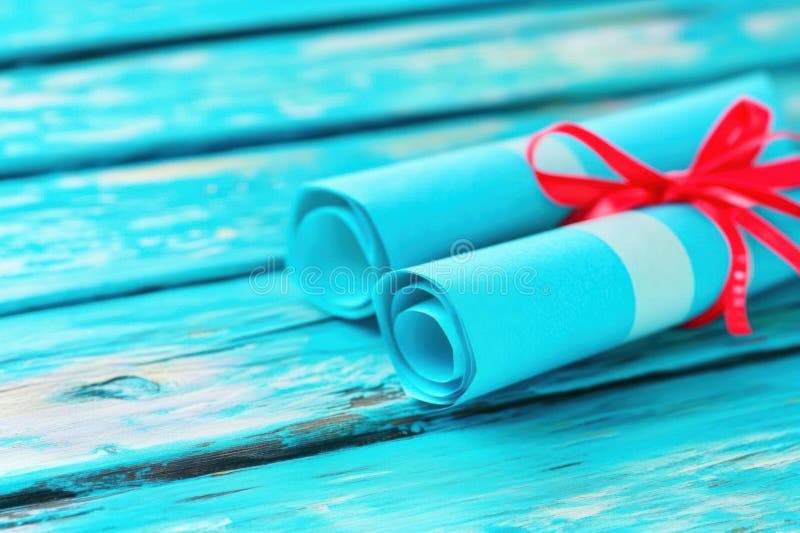 Blue Paper Rolls Tied with Red Ribbon Rest on a Rustic Table with Copy ...