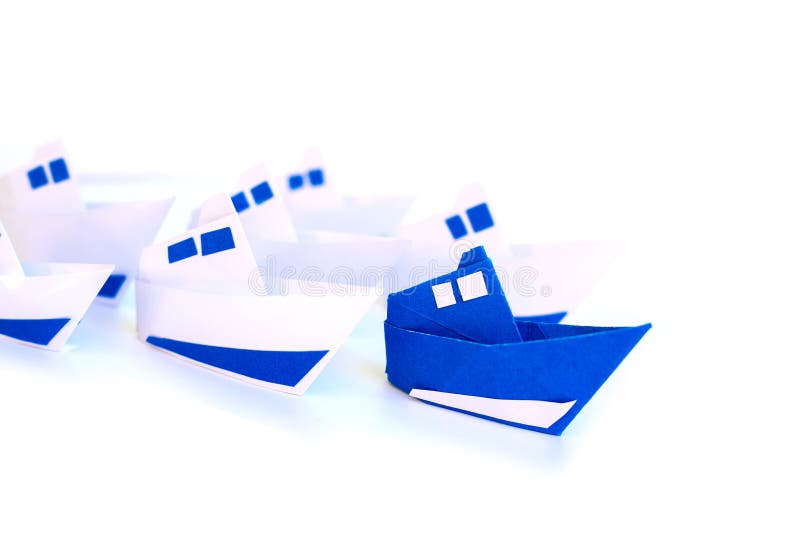 Blue Paper Ship Leading Isolated on White Backgrond. Stock Image ...
