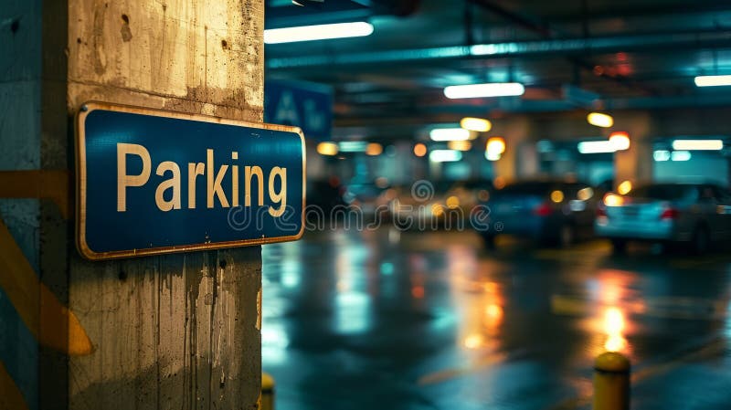 Blue Parking Sign in an Indoor Garage Stock Image - Image of structure ...