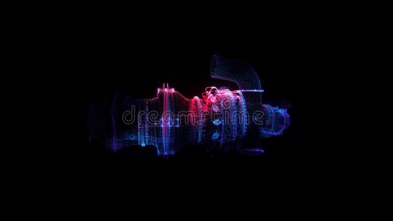 Blue Particle and Lines Form 3d Model Gas Turbine Engine. Looping ...