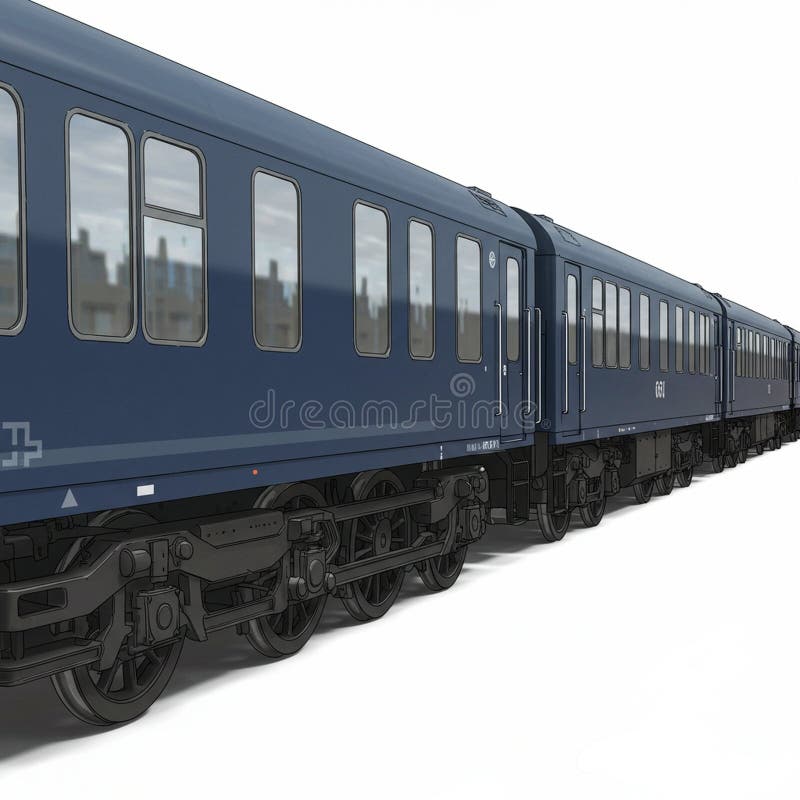 A Blue Passenger Train Displays a Series of Connected Cars on a Track ...