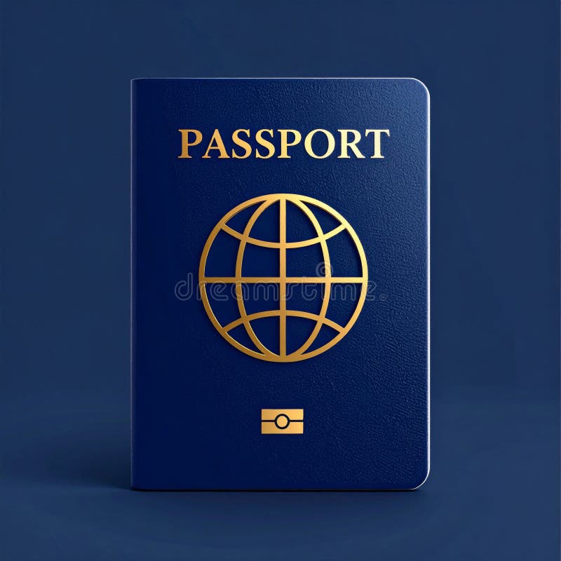 Blue Passport with Gold Globe Emblem on Dark Background Stock ...
