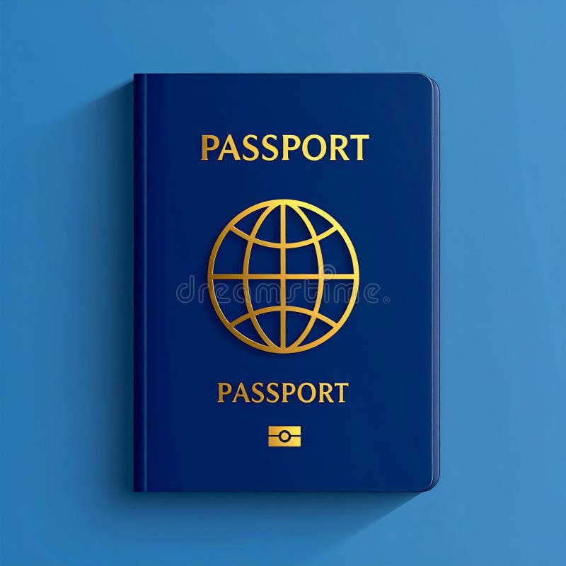 Blue Passport with Gold Globe Icon on Blue Background Stock ...