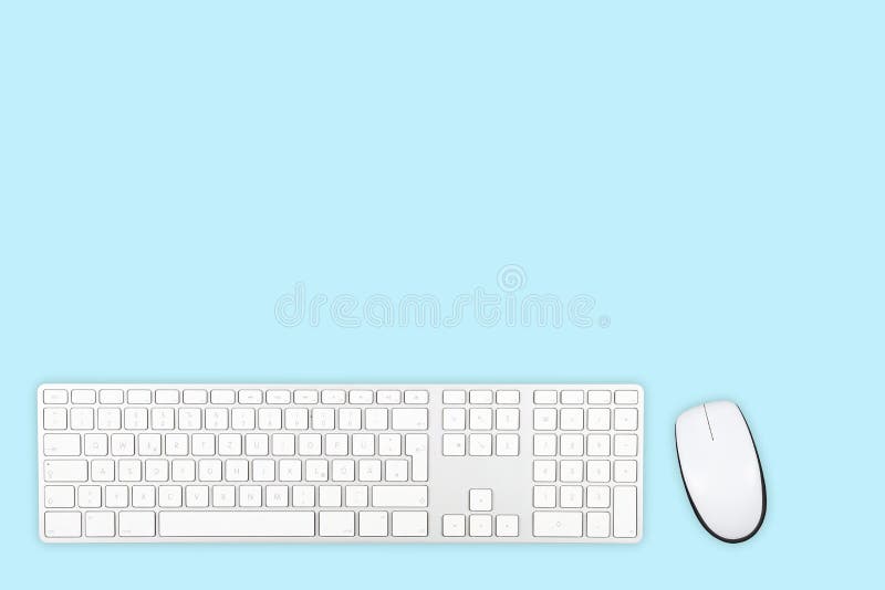 Blue Pastel Colored Office Desk Top View with Computer Mouse and Stock ...