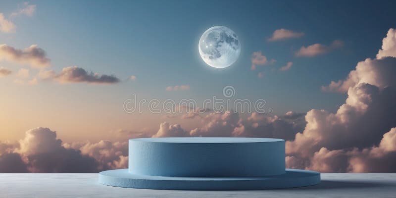 Blue Pastel Round Podium with Moon and Clouds in the Sky for Item ...