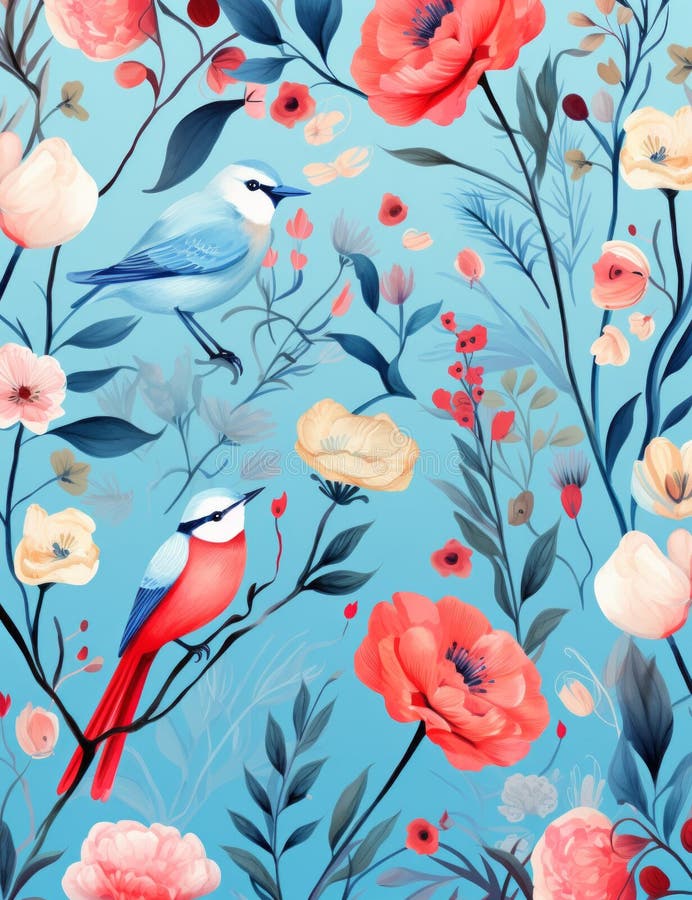 Beautiful Blue Pattern with Birds and Flowers: a Unique Design Stock ...