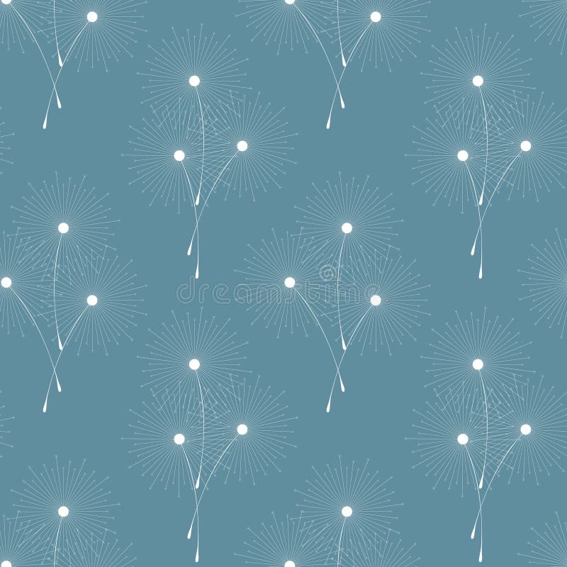 Blue Pattern with Flying Dandelion Seeds. Fluffy Dandelion. White ...