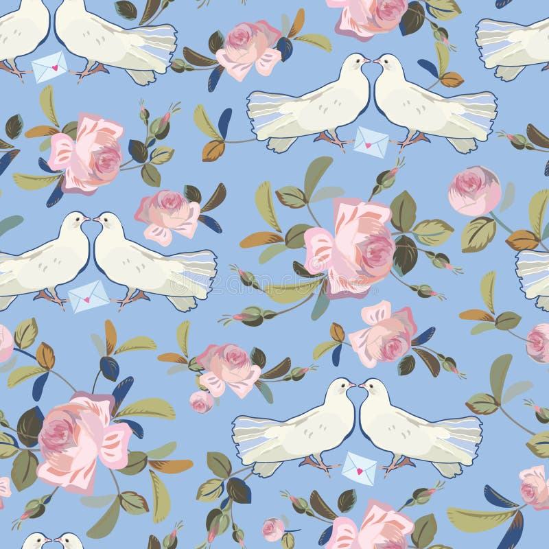 Blue Pattern with Rose and Dove. Stock Vector - Illustration of dove ...