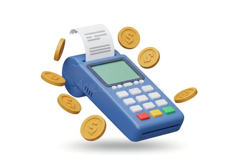 Blue Payment Terminal with Receipt, Surrounded by Floating Coins and a ...