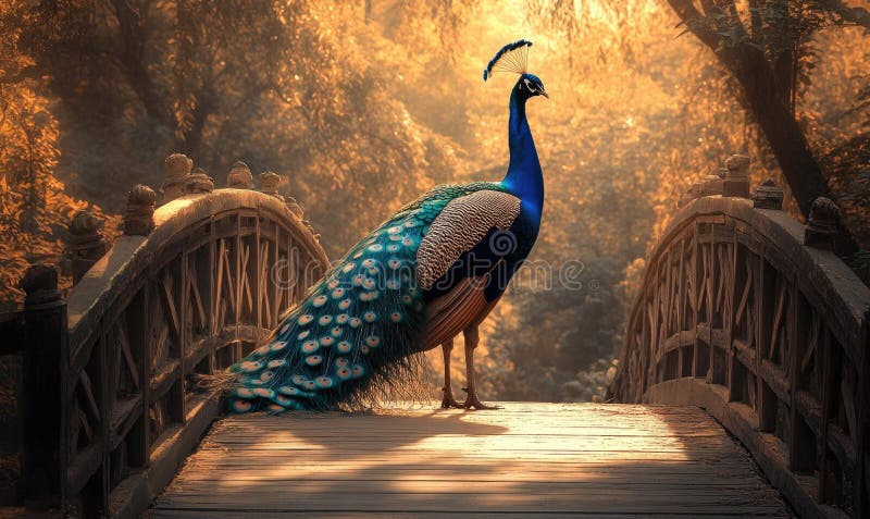 Blue Green Peacock Standing Wooden Bridge Stock Photos - Free & Royalty ...