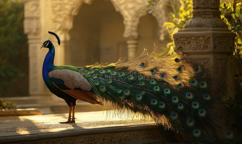 A Blue Peacock is Standing on a Stone Ledge Stock Image - Image of ...