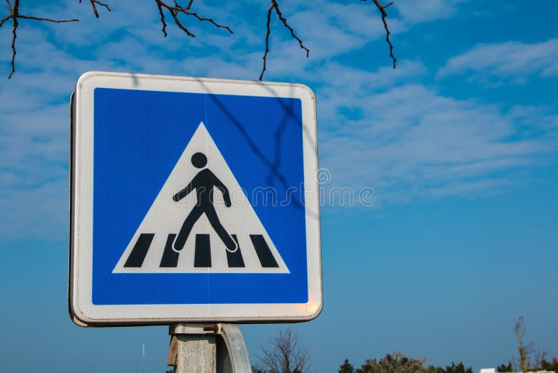 Blue Pedestrian Crossing Sign Stock Image - Image of blue, crosswalk ...