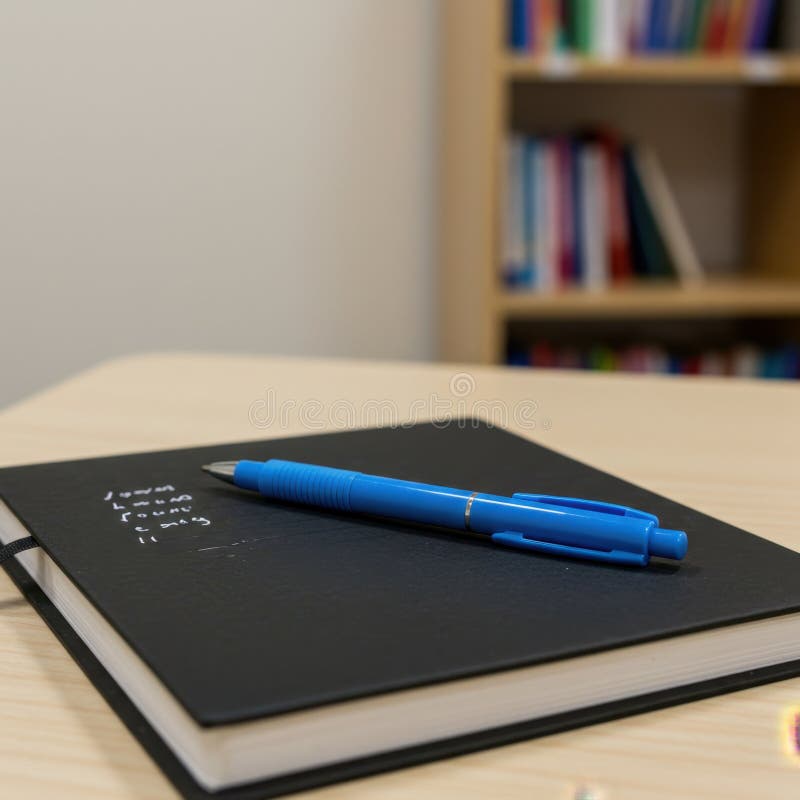 Blue Pen on Black Notebook on Wooden Desk in Office Stock Image - Image ...