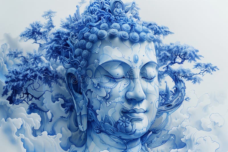 A Blue Pen Drawing of a Buddha Head with Trees in the Background Stock ...