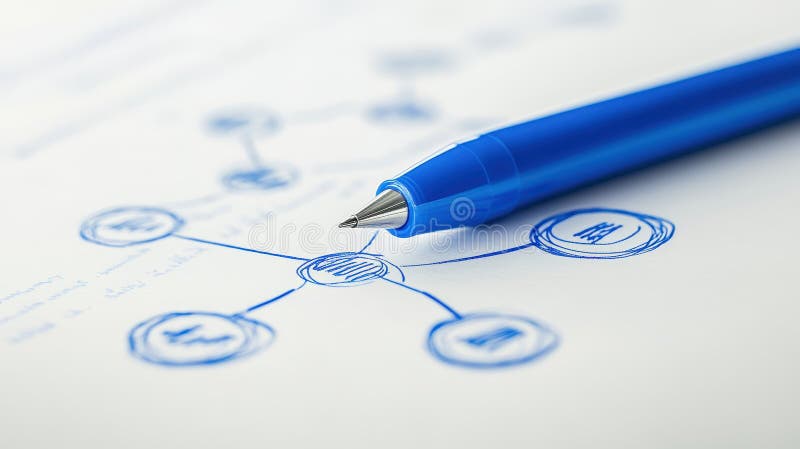 Blue Pen on Mind Map - Visualizing Ideas and Connections on Paper Stock ...