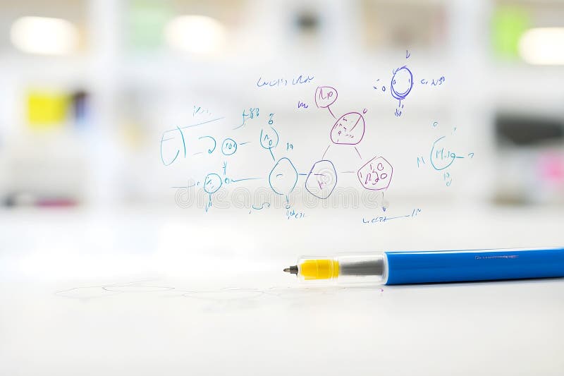 Blue Pen on White Surface with Floating Hand-drawn Chemistry Formulas ...