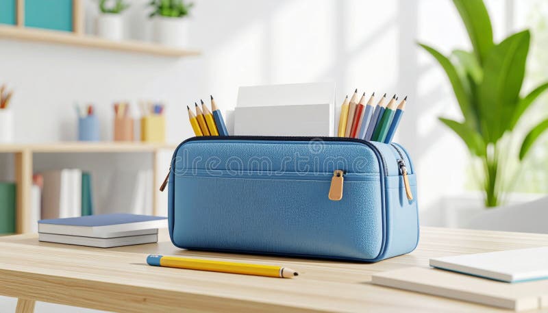 Blue Pencil Case with Colored Pencils on Wooden Desk Stock Illustration ...
