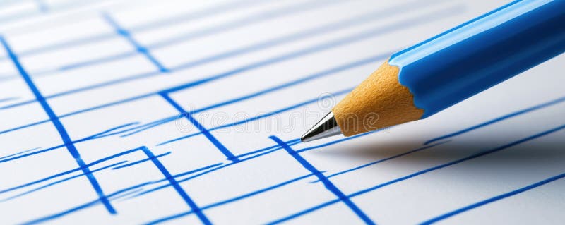 Blue Pencil Poised Above Blank Lined Paper, Showcasing Creativity and ...