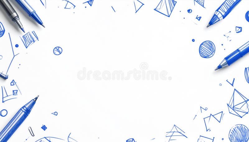Blue Pens and Drawings on White Paper Background Stock Illustration ...