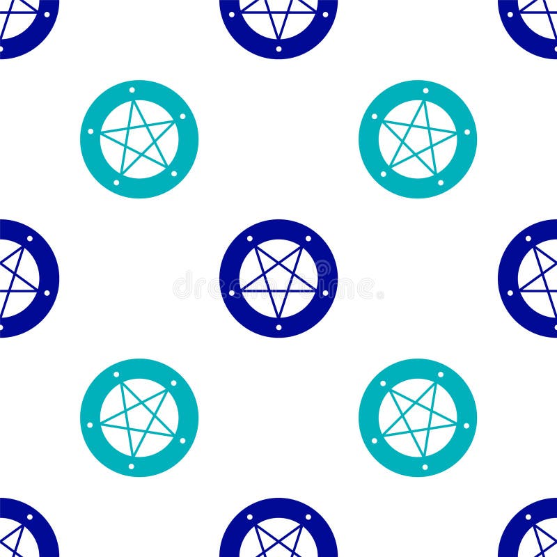 Blue Pentagram in a Circle Icon Isolated Seamless Pattern on White ...