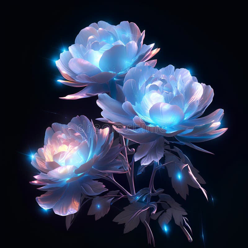 Blue Peony Flowers on a Black Background with Blue Lights. Vector ...