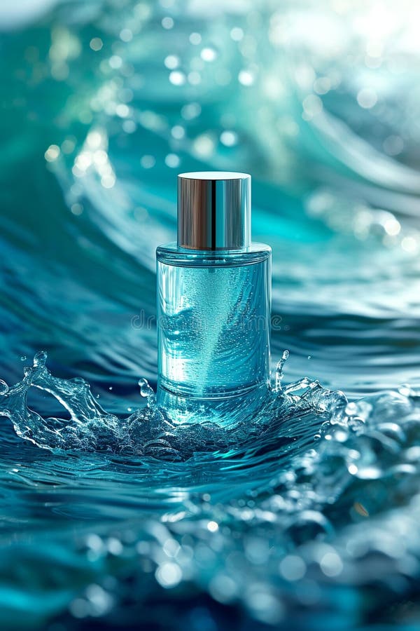 Blue Perfume Bottle Floating on Water with Splash Stock Illustration ...