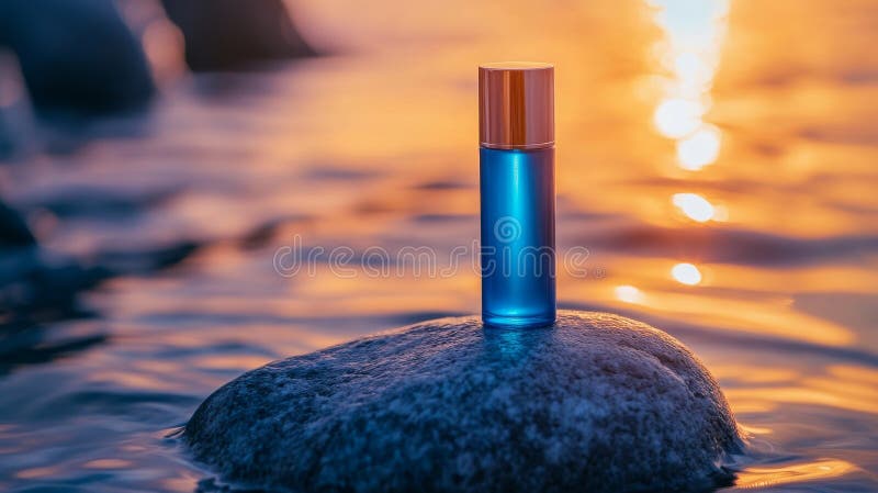 Blue Perfume Bottle on Rock in Sunset Water, Serene Beauty and ...