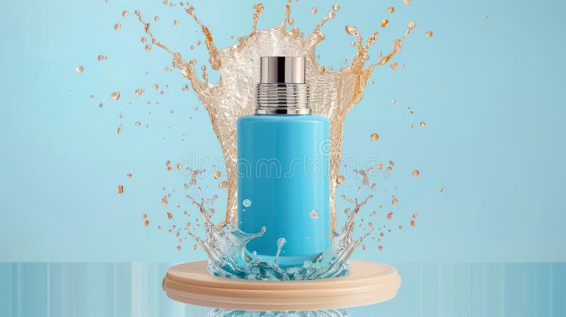 Blue Perfume Bottle with Silver Cap on Beige Pedestal, Water Splashes ...